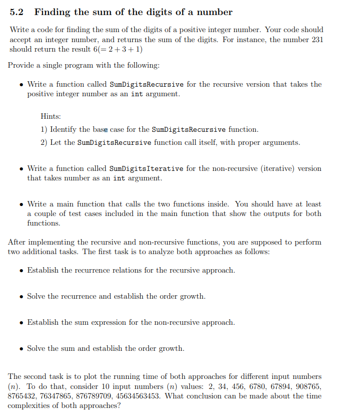 Solved 5.2 Finding the sum of the digits of a number Write a | Chegg.com