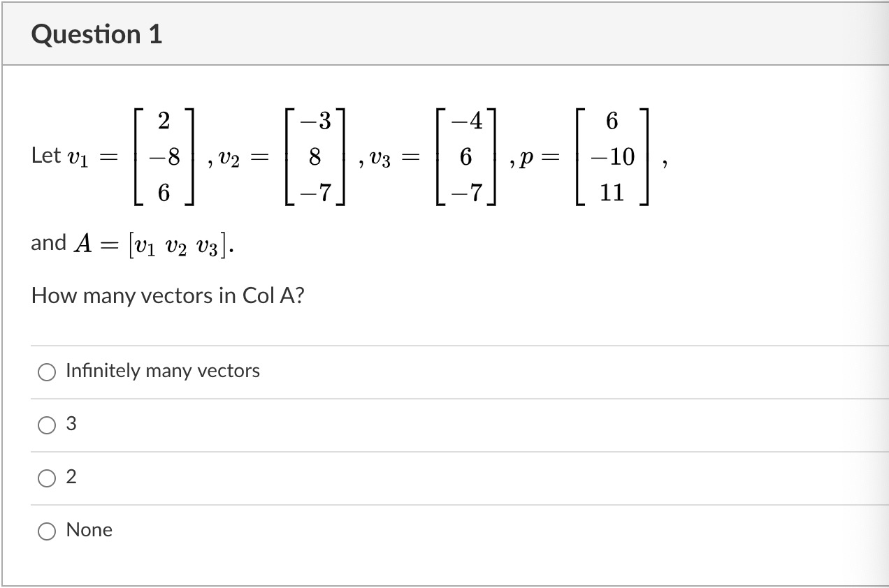 Solved Question 1 -3 4 6 2 -8 Let V1 = , V2 8 V3 , p = -10 | Chegg.com