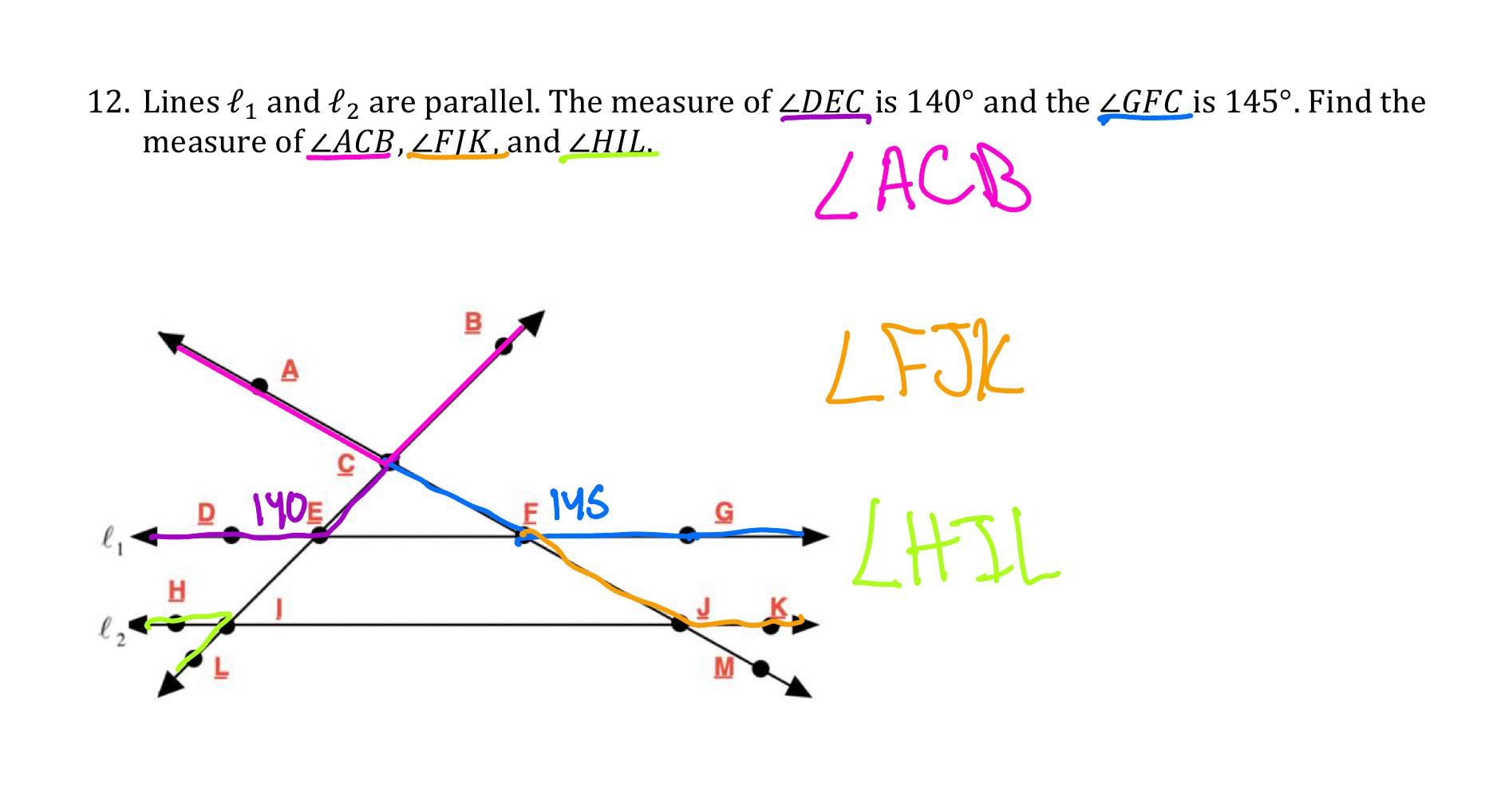 Solved 12. Lines ℓ1 and ℓ2 are parallel. The measure of ∠DEC | Chegg.com