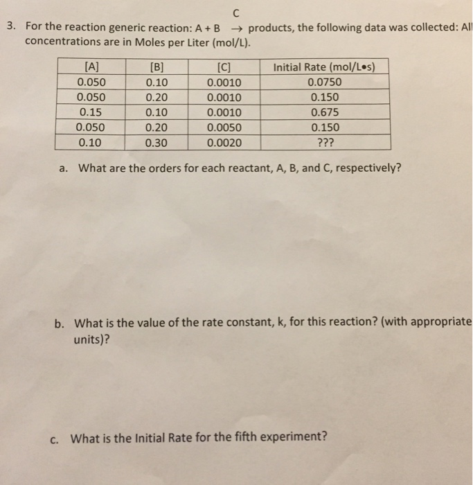 Solved For the reaction generic reaction: A + B rightarrow C | Chegg.com