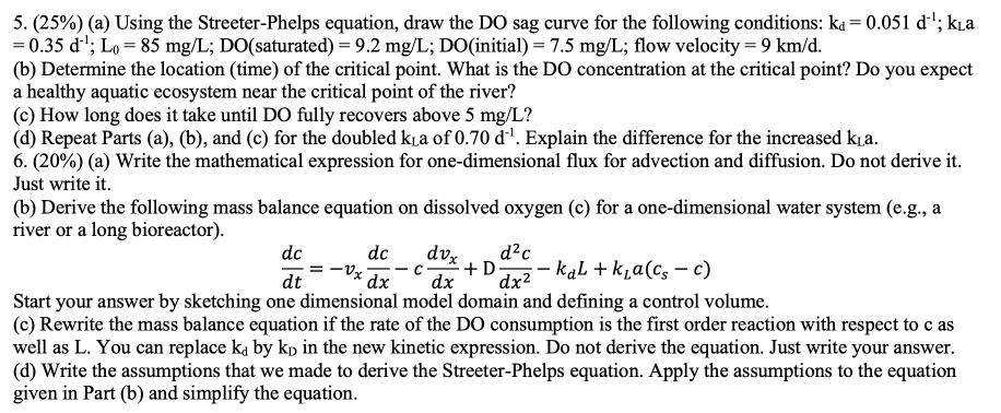 Solved 5. (25\%) (a) Using the Streeter-Phelps equation, | Chegg.com