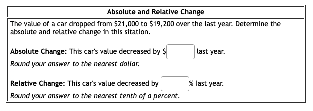 Solved Absolute and Relative Change The value of a car | Chegg.com