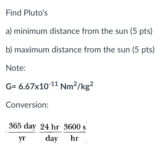 Solved Find Pluto's a) minimum distance from the sun (5 pts) | Chegg.com