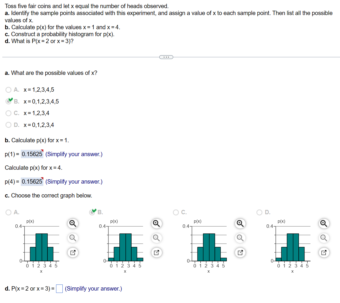 Solved Toss five fair coins and let x equal the number of | Chegg.com