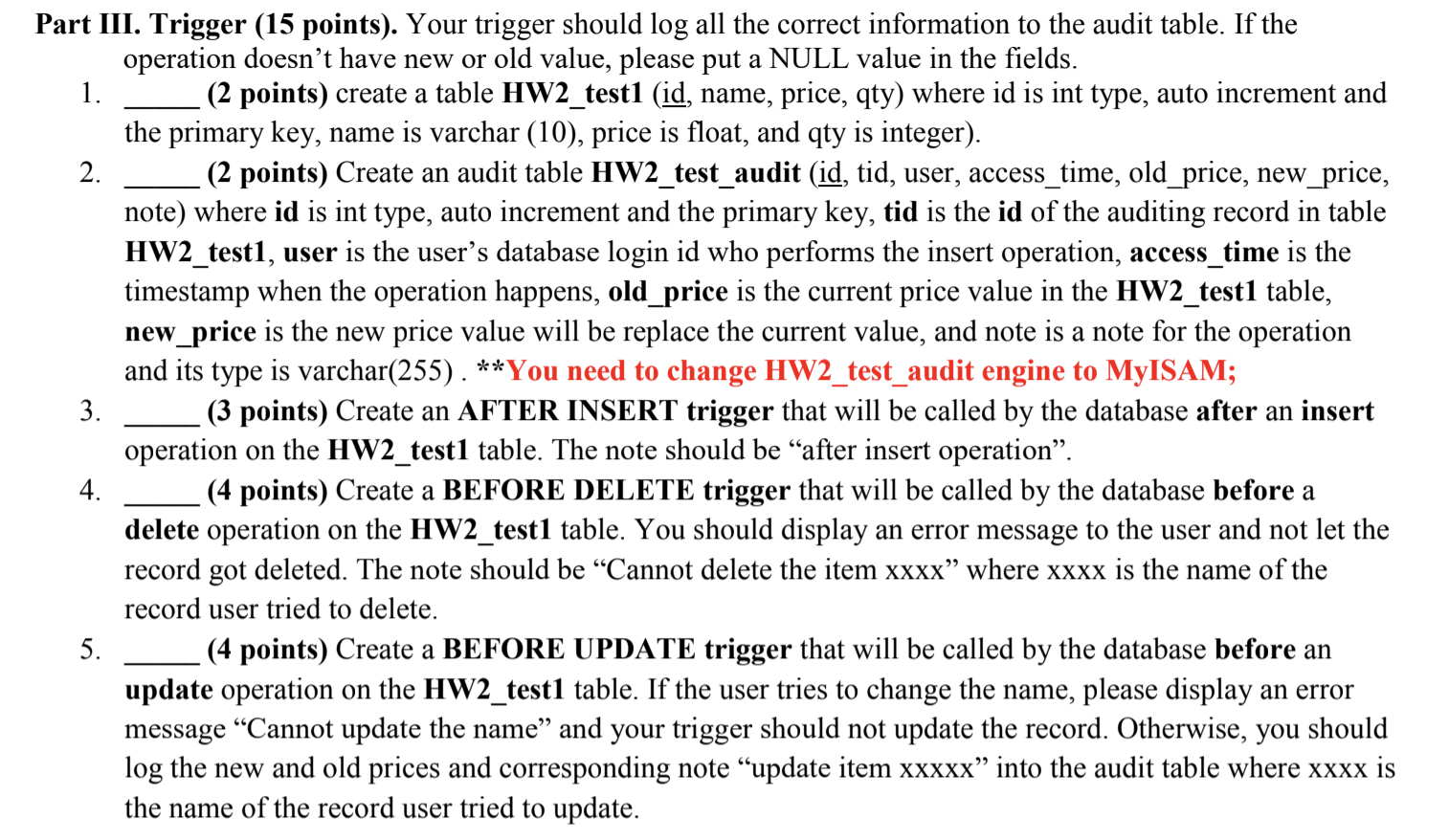 Part III. Trigger (15 points). Your trigger should | Chegg.com