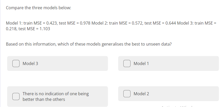 Solved Compare the three models below: Model 1: train MSE | Chegg.com