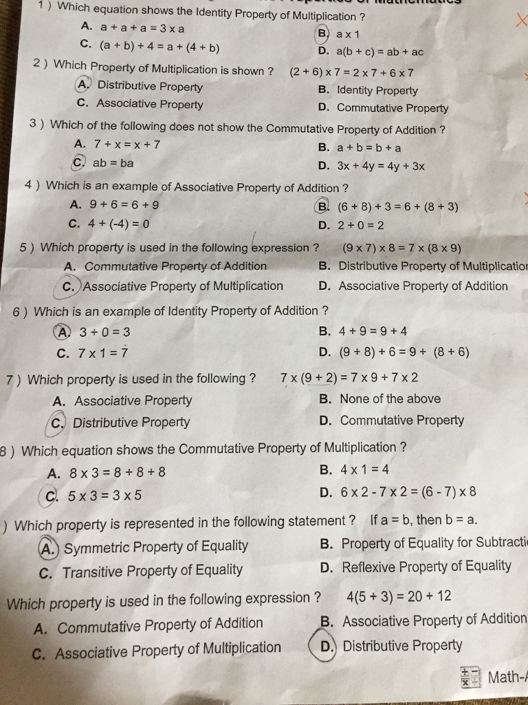 Solved 1) Which equation shows the Identity Property of | Chegg.com