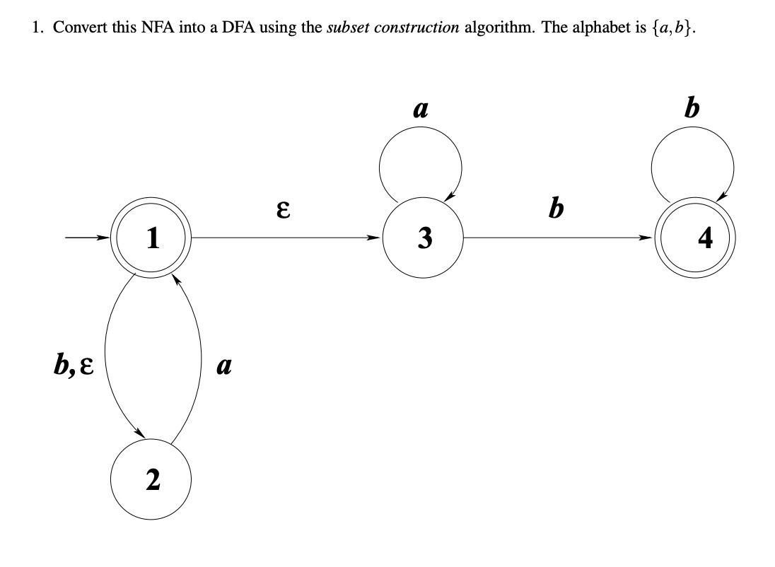Solved 1. Convert this NFA into a DFA using the subset | Chegg.com
