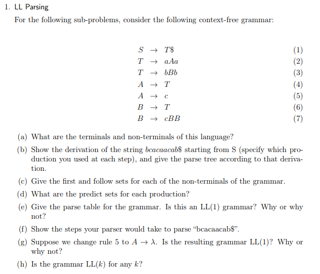 Solved 1. LL Parsing For the following sub-problems, | Chegg.com