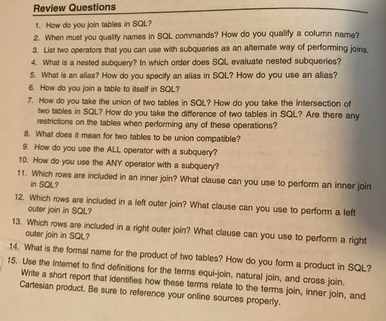 Solved Review Questions 1. How do you join tables in SQL? 2. | Chegg.com