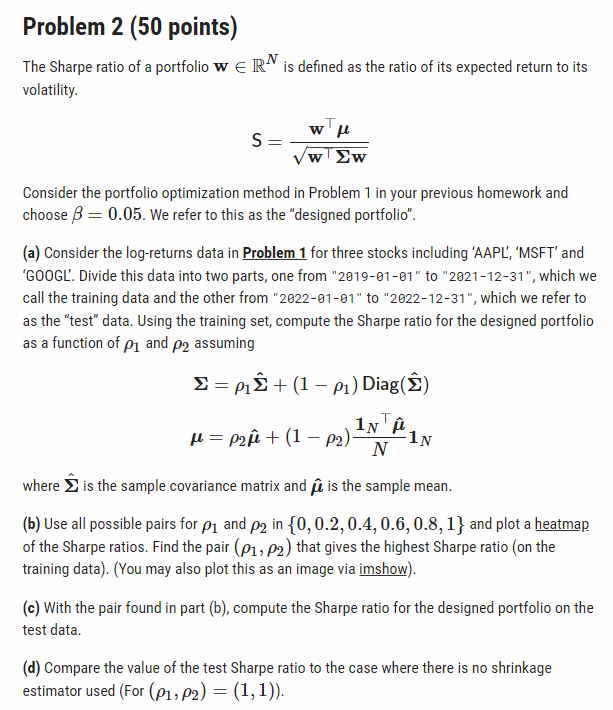 Solved The Sharpe ratio of a portfolio w∈RN is defined as | Chegg.com