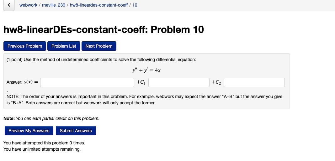 Solved hw8-linearDEs-constant-coeff: Problem 10 (1 point) | Chegg.com