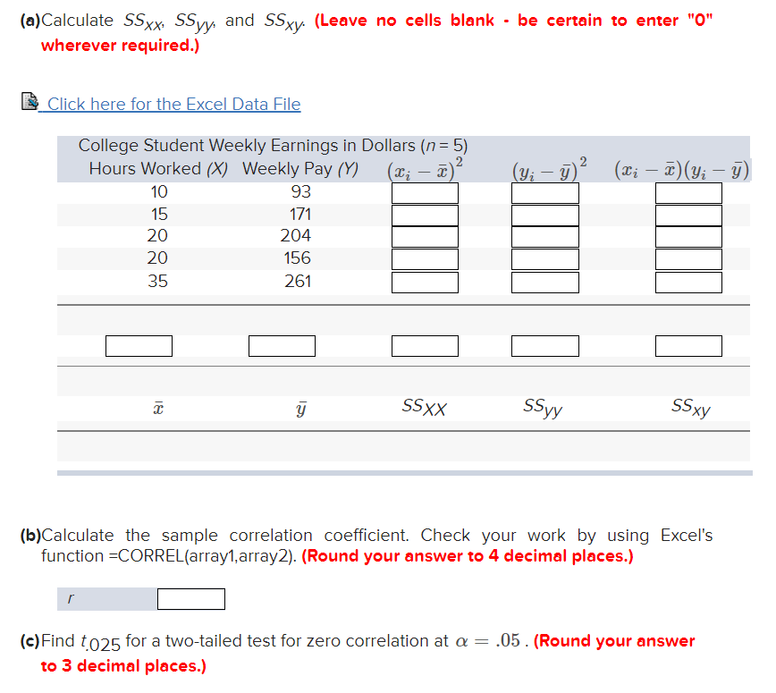 Solved (a)Calculate SSxx,SSyy, and SSxy. (Leave no cells | Chegg.com