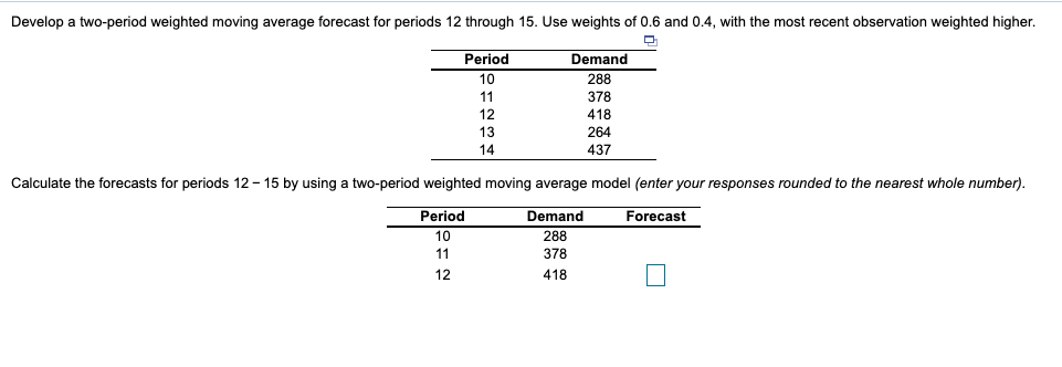 Solved Develop a two-period weighted moving average forecast | Chegg.com