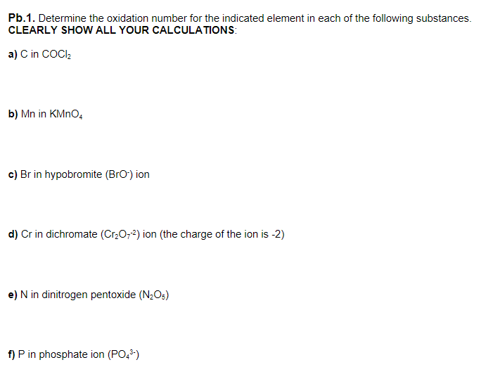 Solved Pb.1. Determine the oxidation number for the | Chegg.com