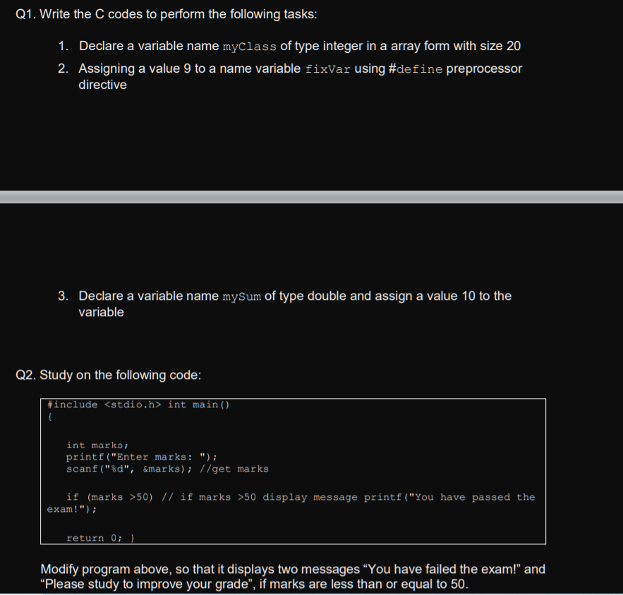 Solved Q1. Write the C codes to perform the following tasks: | Chegg.com