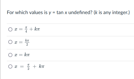 Solved For which values is y=tanx undefined? ( k is any | Chegg.com