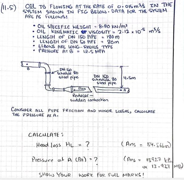Solved (11.5) OIL IS FLOWING AT THE RATE OF O.O15 m3/s IN | Chegg.com