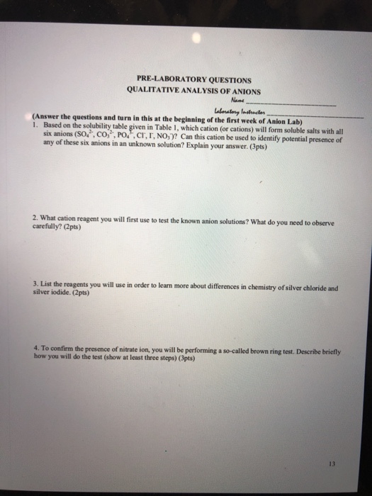 PRE-LABORATORY QUESTIONS QUALITATIVE ANALYSIS OF | Chegg.com