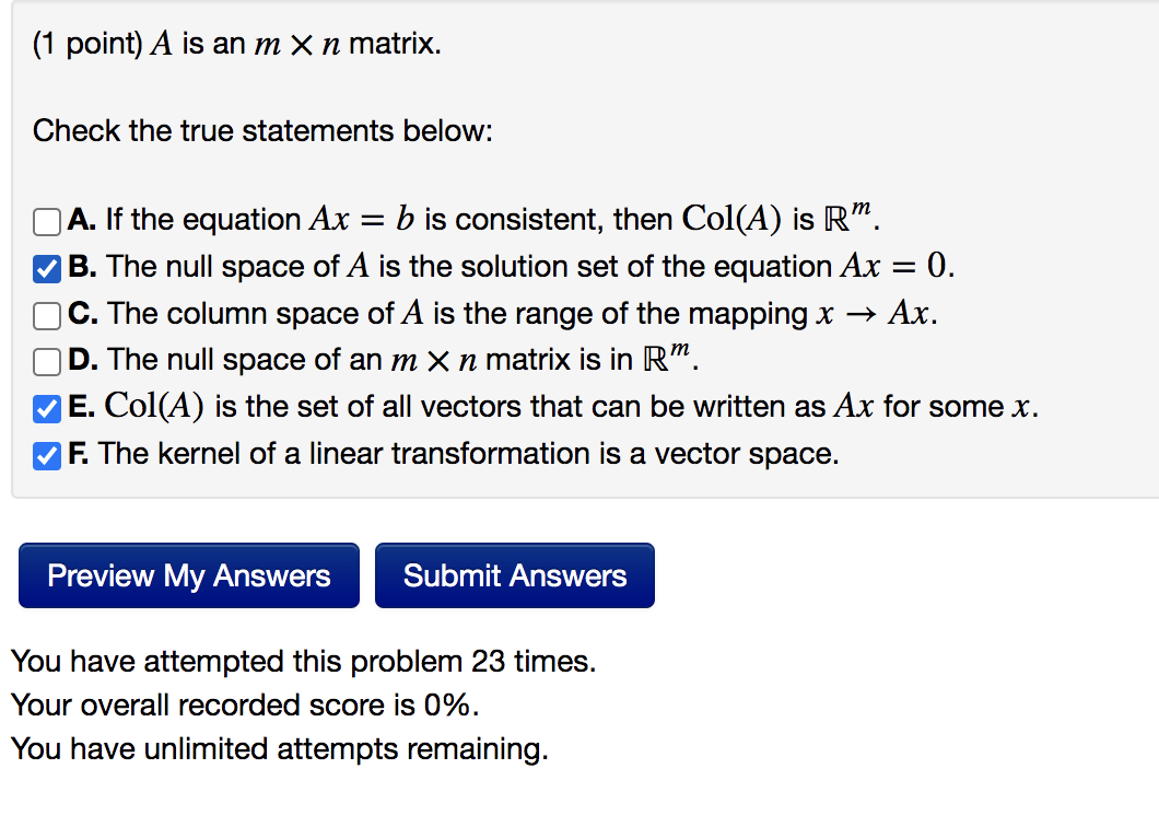 ( 1 point) A is an m×n matrix. Check the true | Chegg.com