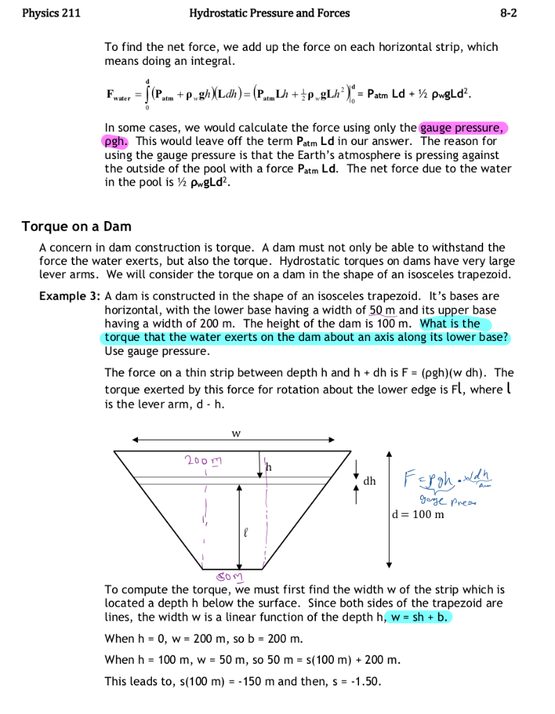 Solved Physics 211 Hydrostatic Pressure and Forces 8-1 | Chegg.com