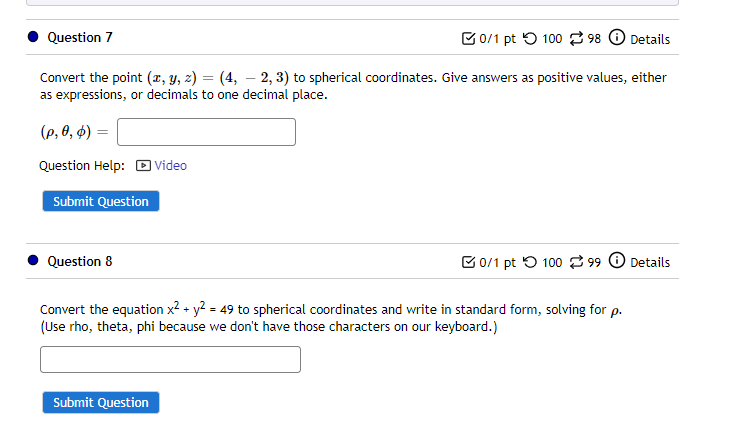 Solved Convert the point (x,y,z)=(4,−2,3) to spherical | Chegg.com