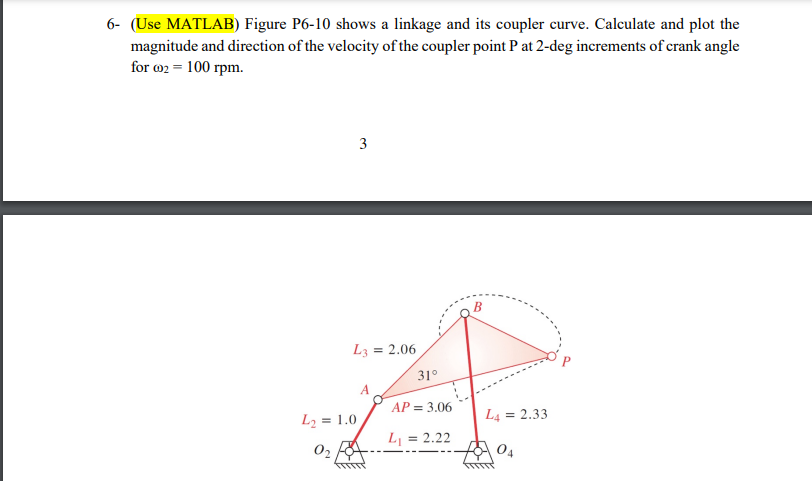 Solved 6- (Use MATLAB) Figure P6-10 shows a linkage and its | Chegg.com