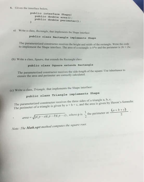 Solved 6. Given the interface below, publie interface Shape | Chegg.com
