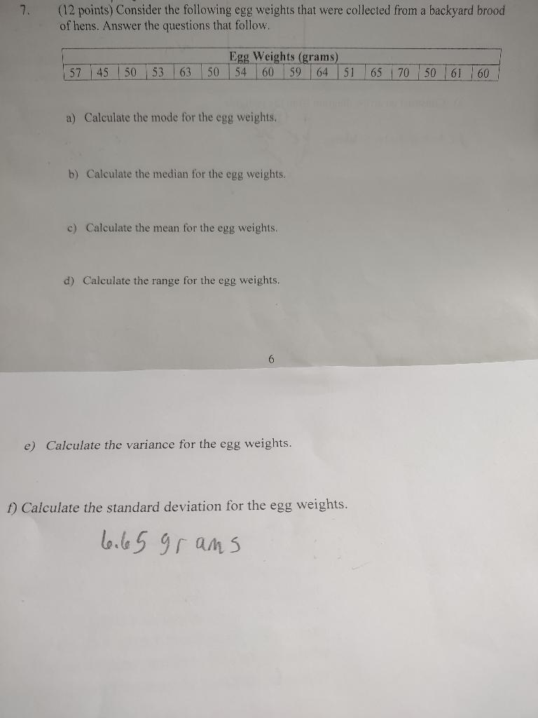 Solved 7. (12 points) Consider the following egg weights | Chegg.com