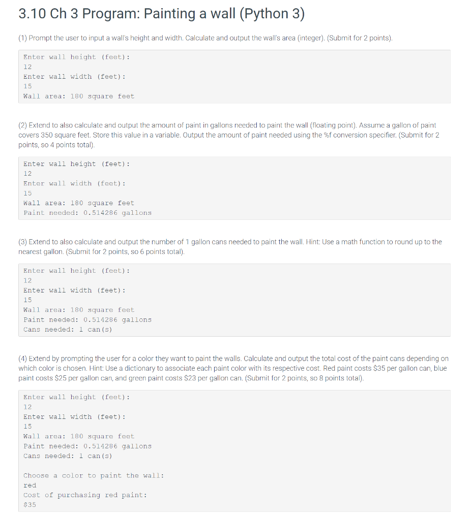 Solved 3.10 Ch 3 Program: Painting a wall (Python 3) (1) | Chegg.com