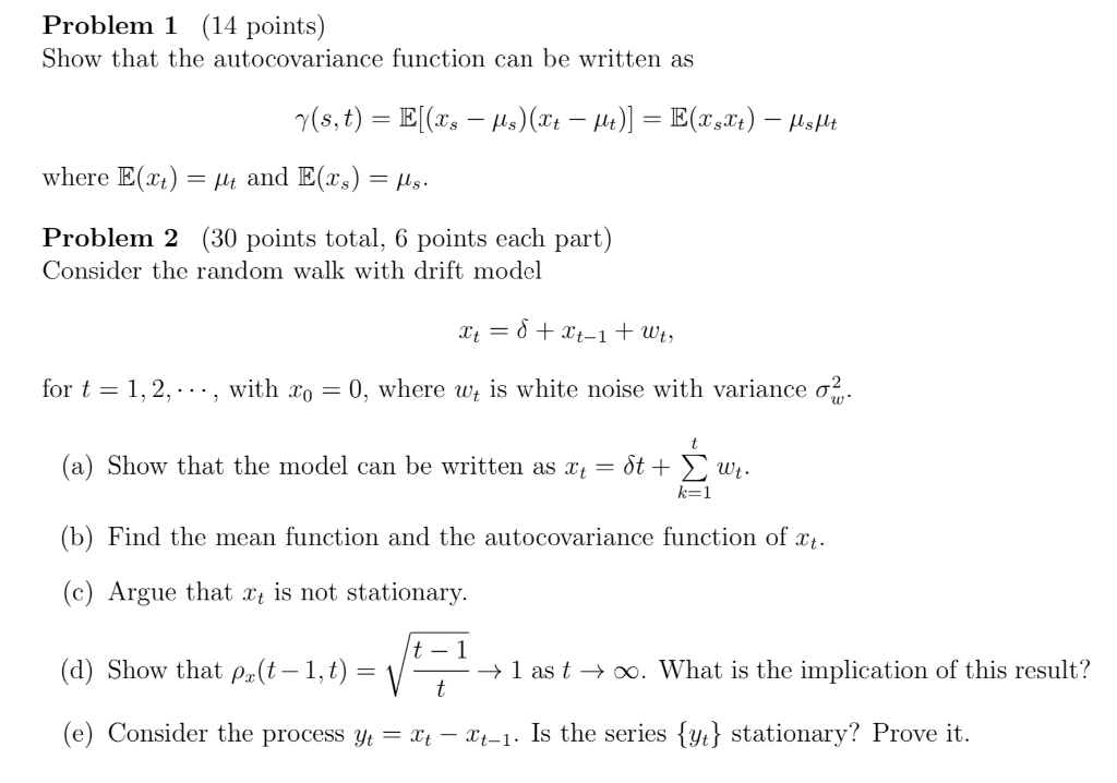 Solved Problem 1 (14 points) Show that the autocovariance | Chegg.com