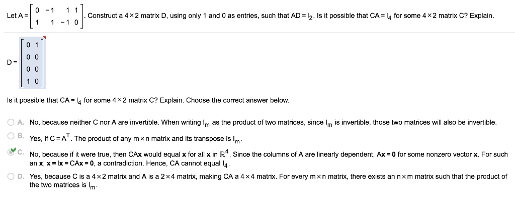 Solved To11. Let A = Construct a 4 x 2 matrix D, using only | Chegg.com