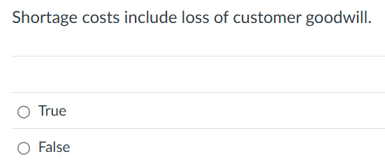 Solved Shortage costs include loss of customer | Chegg.com