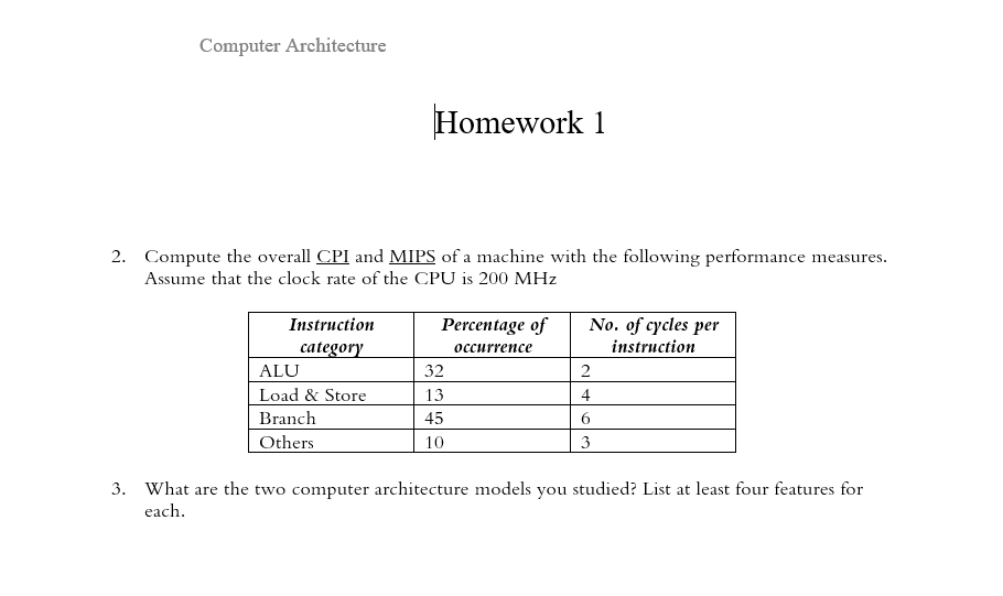 Solved Computer Architecture Homework 1 2. Compute the | Chegg.com