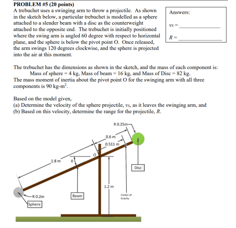 Solved PROBLEM #5 (20 points) A trebuchet uses a swinging | Chegg.com