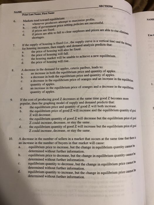 Solved NAME SECTION Print Last Name, First Name MARKETS: | Chegg.com