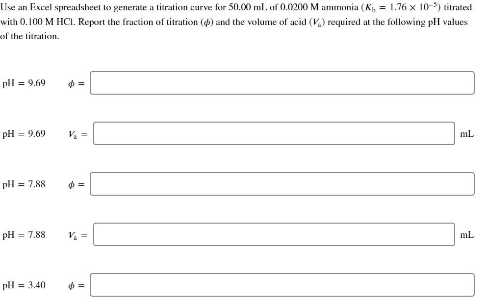 Use an Excel spreadsheet to generate a titration | Chegg.com