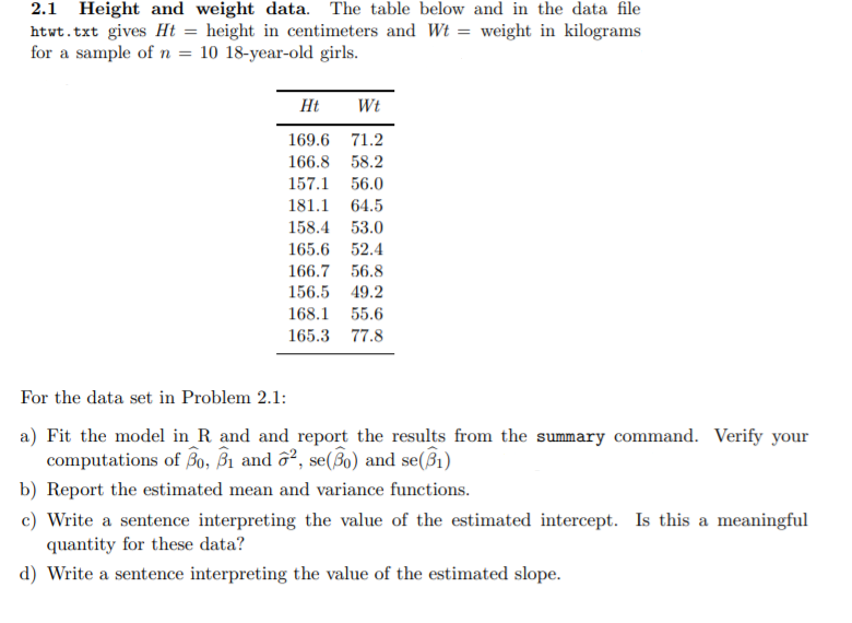 Solved 2.1 Height and weight data. The table below and in | Chegg.com