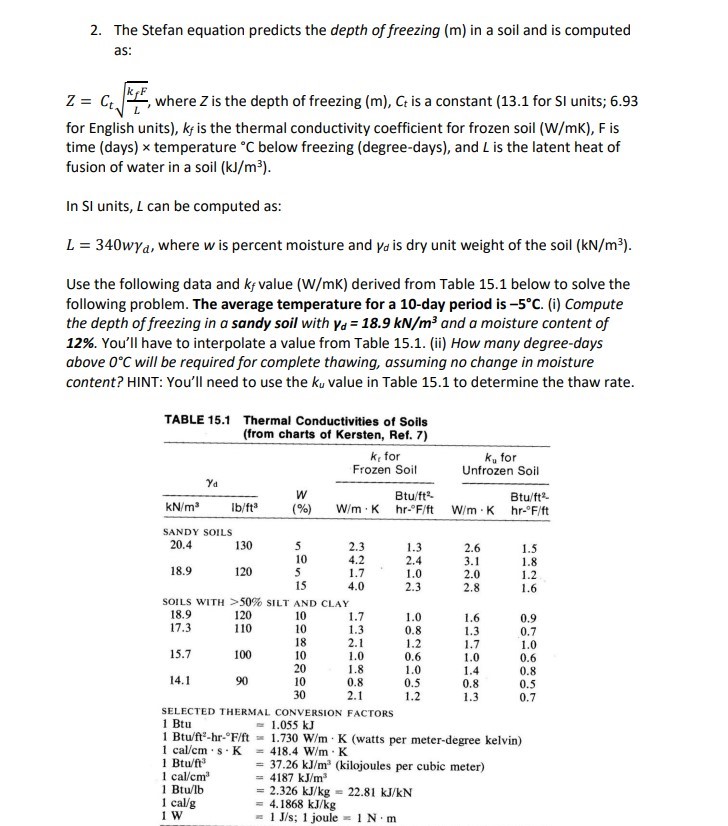 Solved 2. The Stefan equation predicts the depth of freezing | Chegg.com