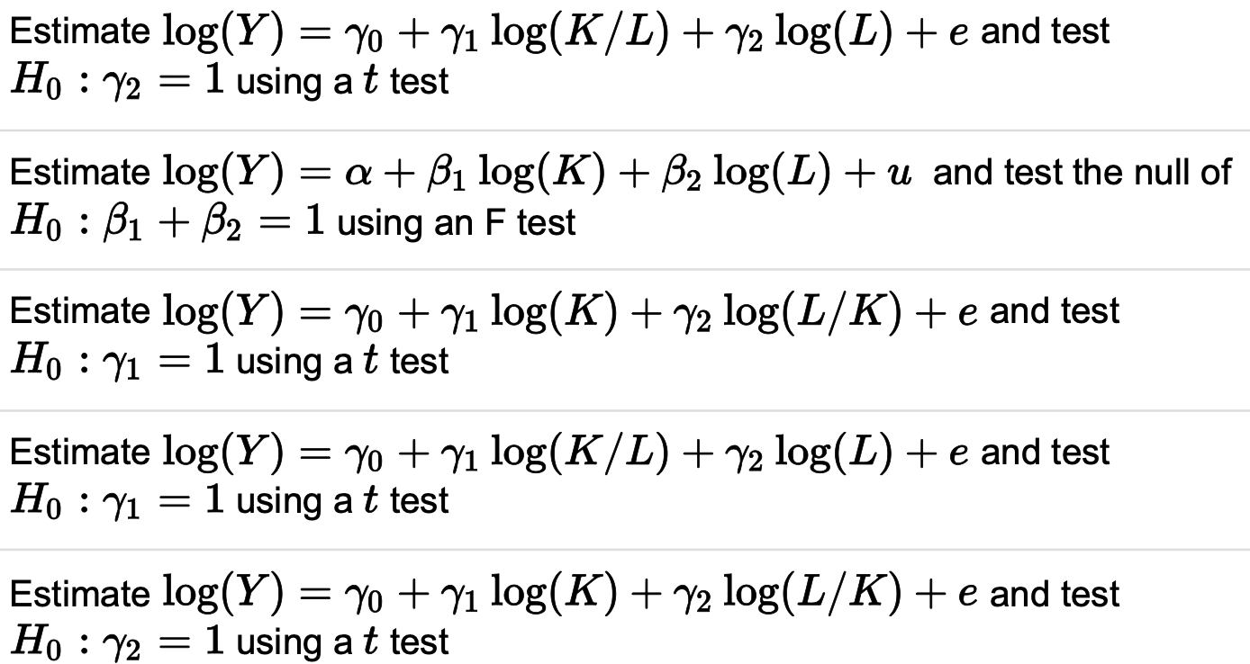 Solved log(Y)=α+β1log(K)+β2log(L)+u where Y is the output, K | Chegg.com