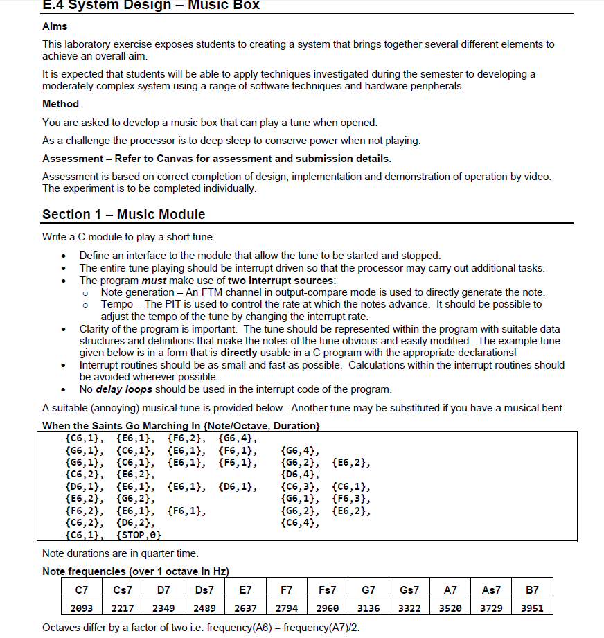 E.4 System Design - Music Box Aims This laboratory | Chegg.com
