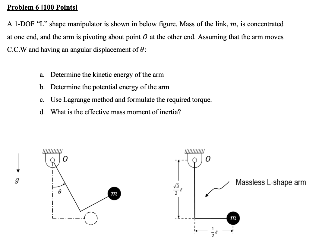 Solved Problem 6 [100 Points A 1-DOF “L” shape manipulator | Chegg.com