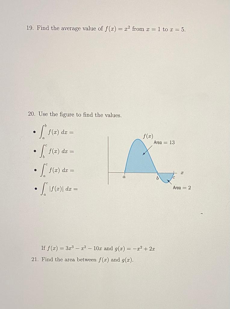 Solved 19. Find the average value of f(x)=x2 from x=1 to | Chegg.com