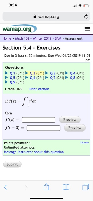 Solved 8:24 wamap.org wamap.org Home > Math 152 - Winter | Chegg.com