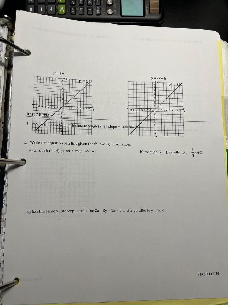 Solved 2. Write the equation of a line given the following | Chegg.com