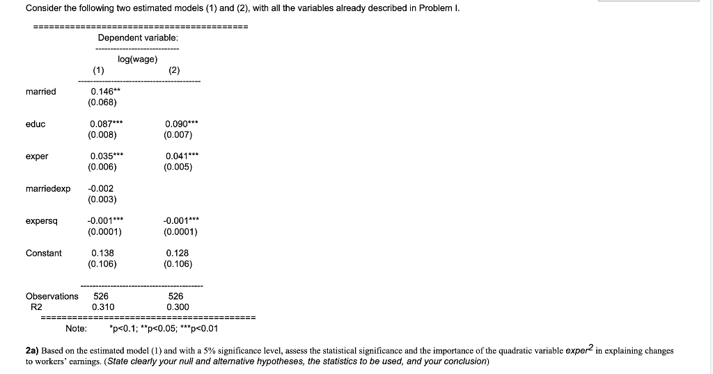 Solved Consider the following two estimated models (1) and | Chegg.com