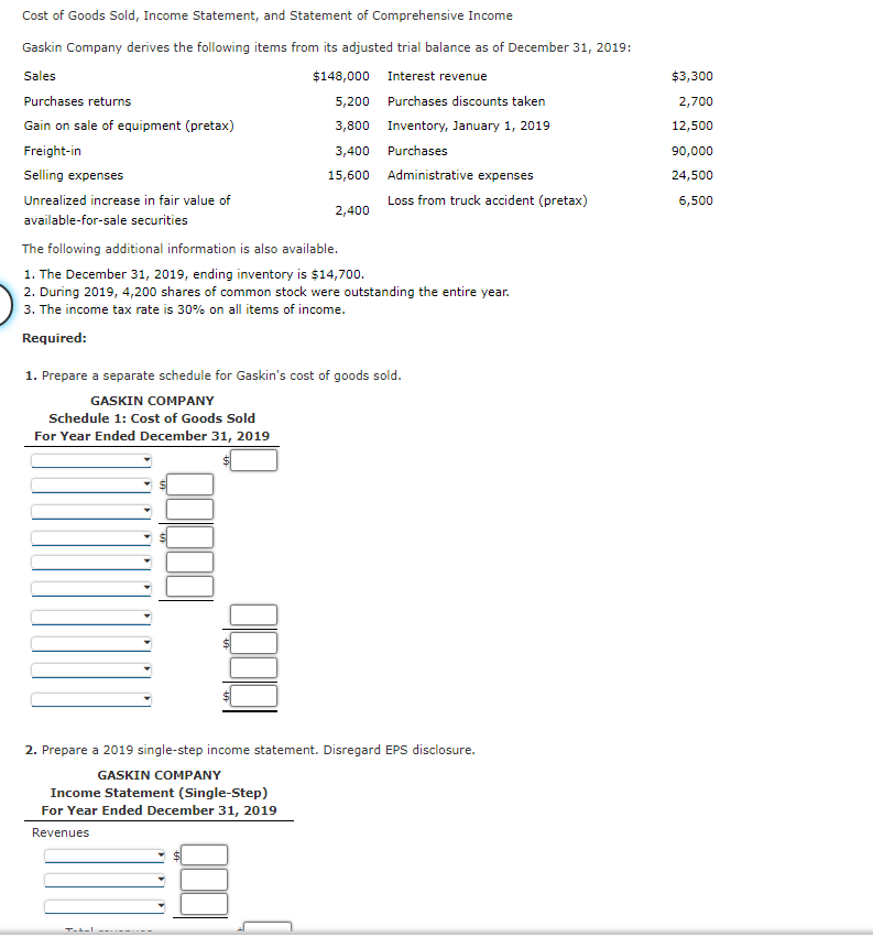 Solved Cost of Goods Sold, Income Statement, and Statement | Chegg.com