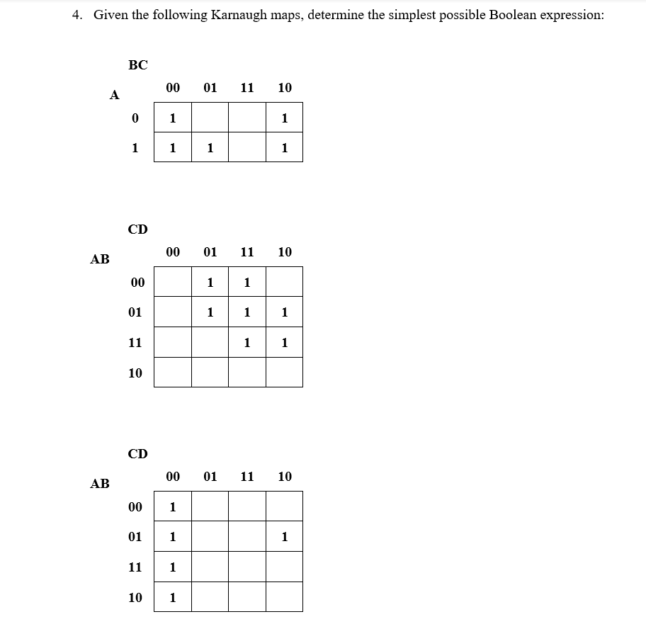Solved 4. Given the following Karnaugh maps, determine the | Chegg.com