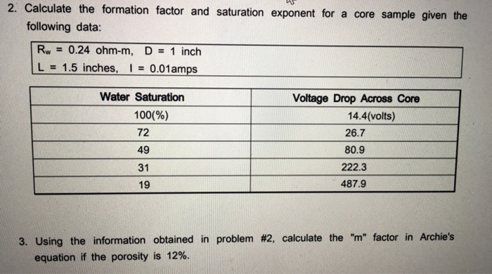 Solved 2. Calculate the formation factor and saturation | Chegg.com