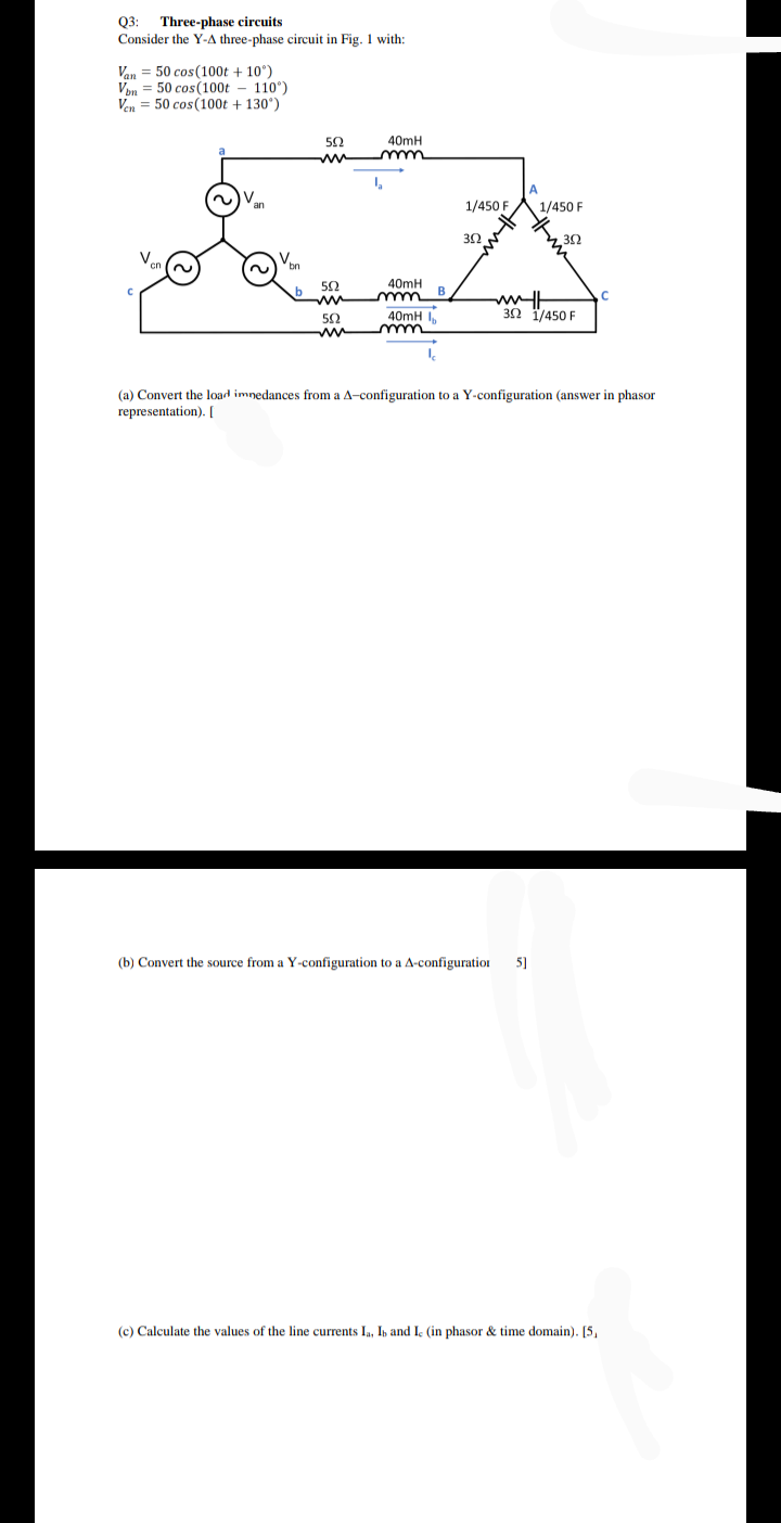 Solved Q3 Three-phase circuits Consider the Y-A three-phase | Chegg.com